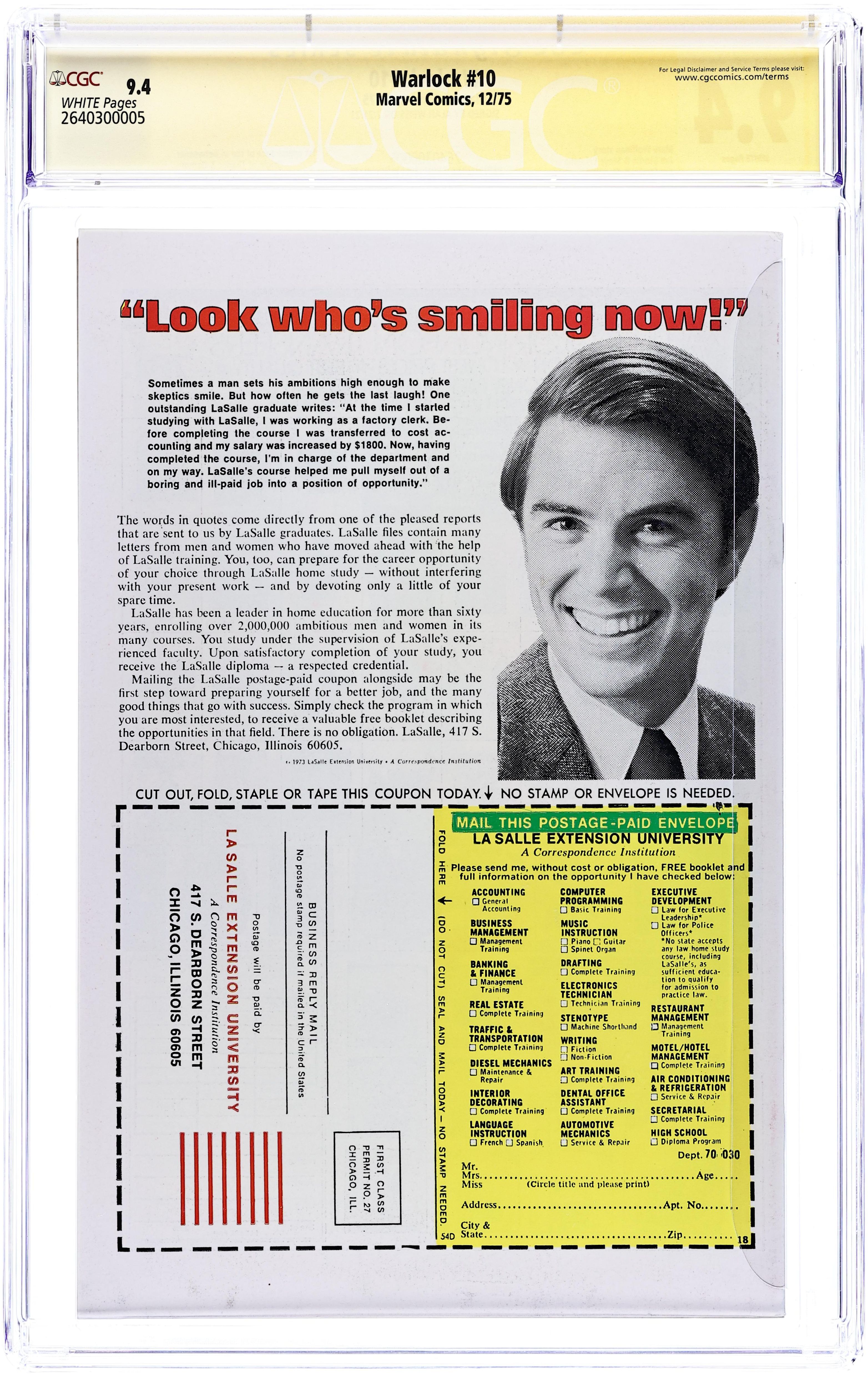 Warlock (1972 Marvel 1st Series) 10 CGC 9.4 SS Weiss